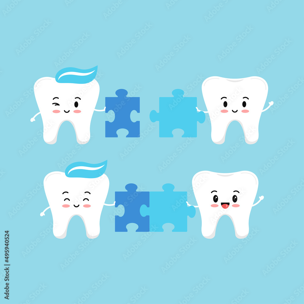Cute teeth connect puzzle piece. Flat design cartoon style strong ...
