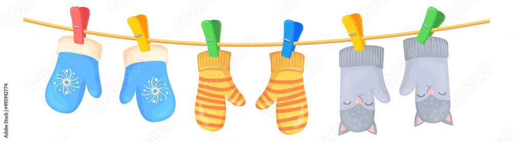 Wool mittens hanging on string. Cartoon winter frost hand gloves Stock ...