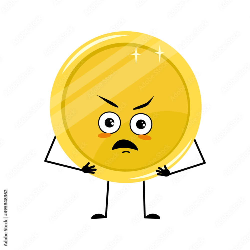 Cute golden coin character with angry emotions, grumpy face, furious ...