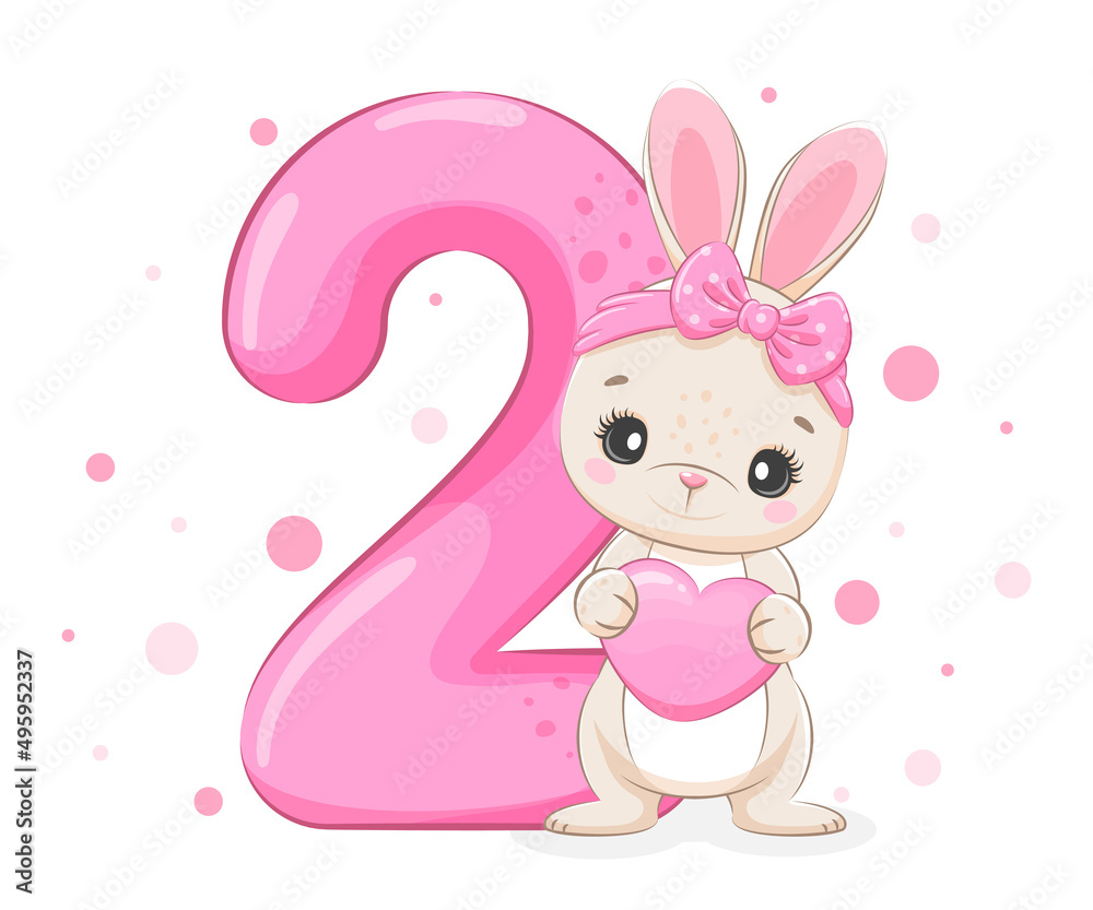 Cartoon illustration "Happy birthday, 2 year", cute bunny. Vector ...