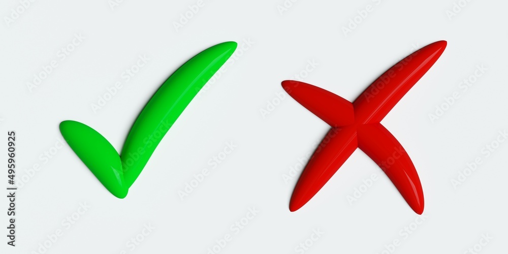 Green checkmark and red X icons, isolated on white background. 3d ...