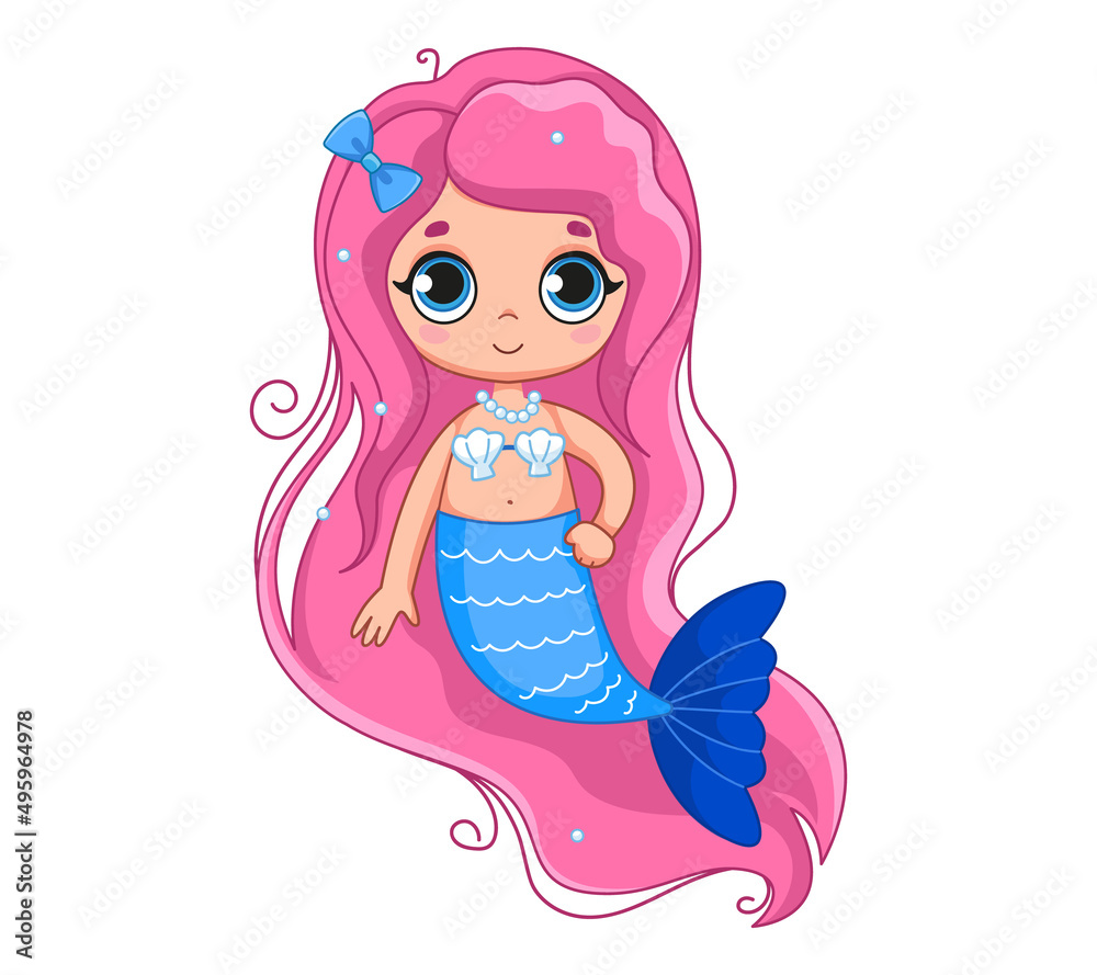 Cute little mermaid with pink hair and a blue tail. Vector illustration ...