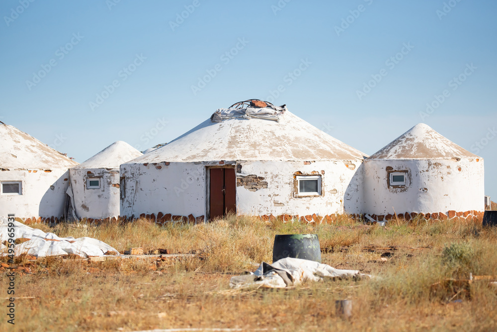Yurts. Clay ancient yurts of an abandoned settlement of the Turkic ...