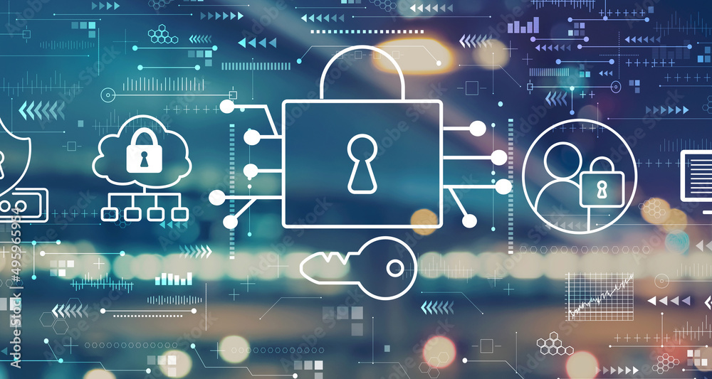 Data Security concept with blurred city abstract lights background ...