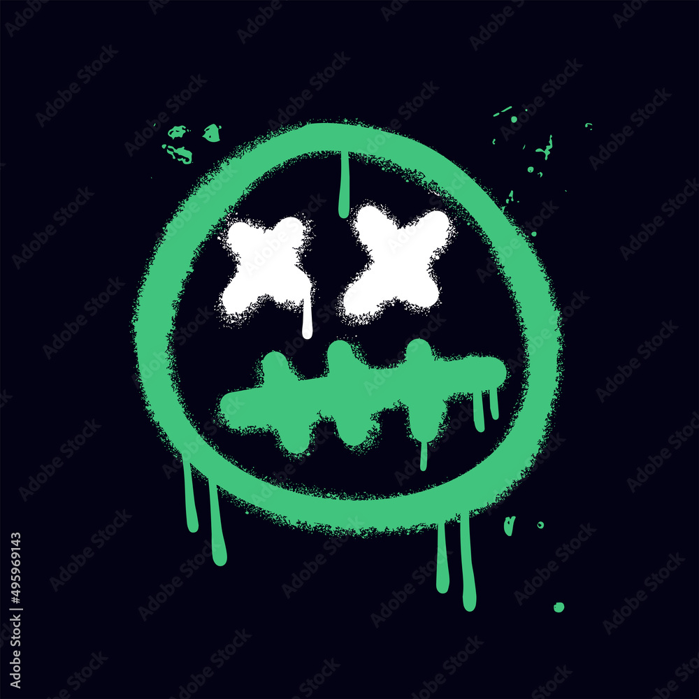 Scary hand drawn dead emoji, ink brush neon color emoticon icon on a ...