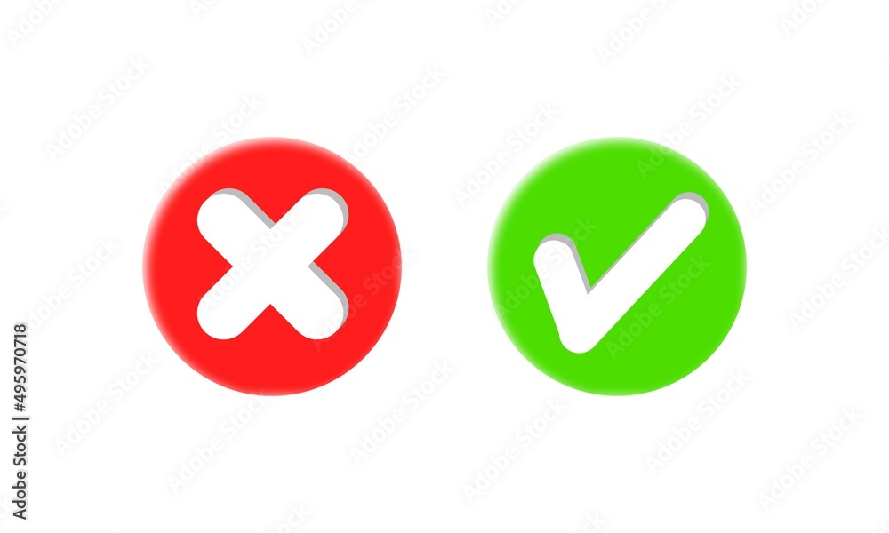 Realistic right and wrong 3D Button. A set of glossy round icons with a ...