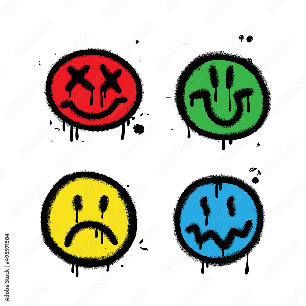 Set of four graffiti emoticons with different emotions. Smiling faces ...