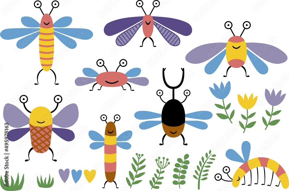 Set funny creatures look like bugs and flies vector insects with floral ...