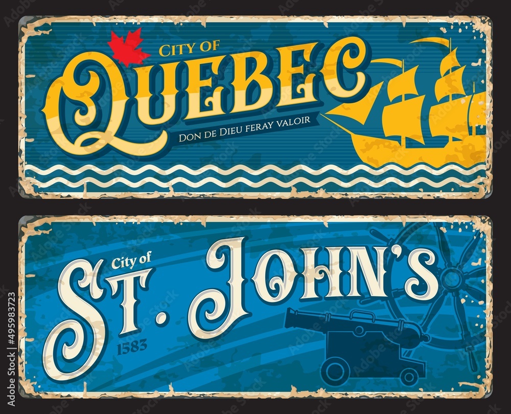 Quebec and St Johns canadian cities plates and travel stickers, vector ...