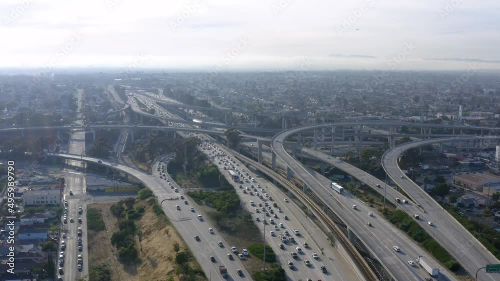Aerial shot of elevated road junction. Drone footage of top view of ...