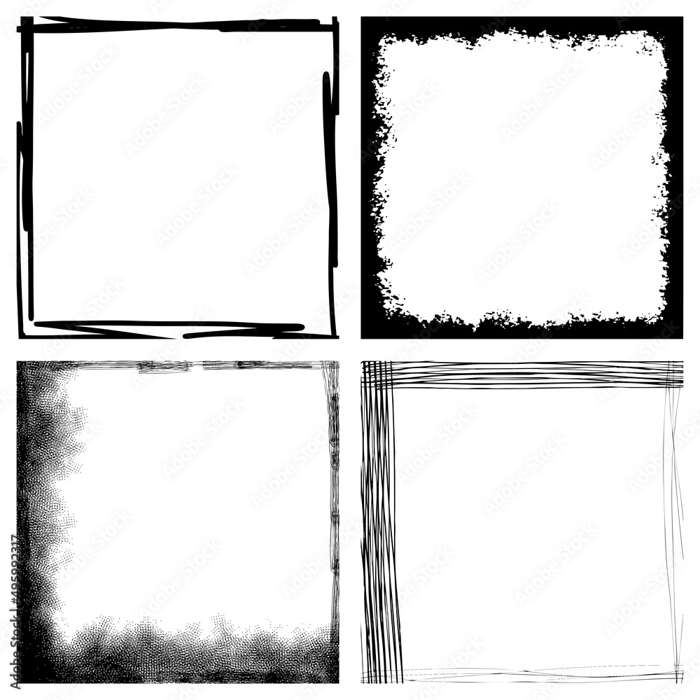Grunge drawing stroke frames. Dirty overlay and distress border frame ...
