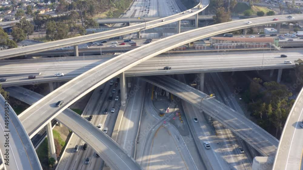 Aerial shot of elevated road junction. Drone footage of top view of ...