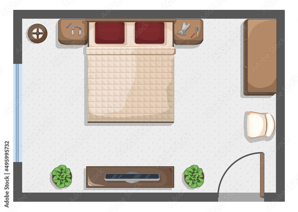 Bedroom architectural plan. Top (above) view. Apartment vector design ...