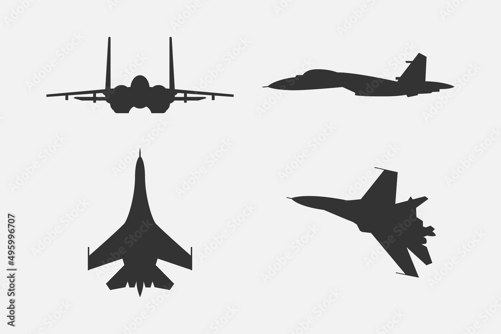 Set of fighter aircraft SU-27 in various positions black and white ...