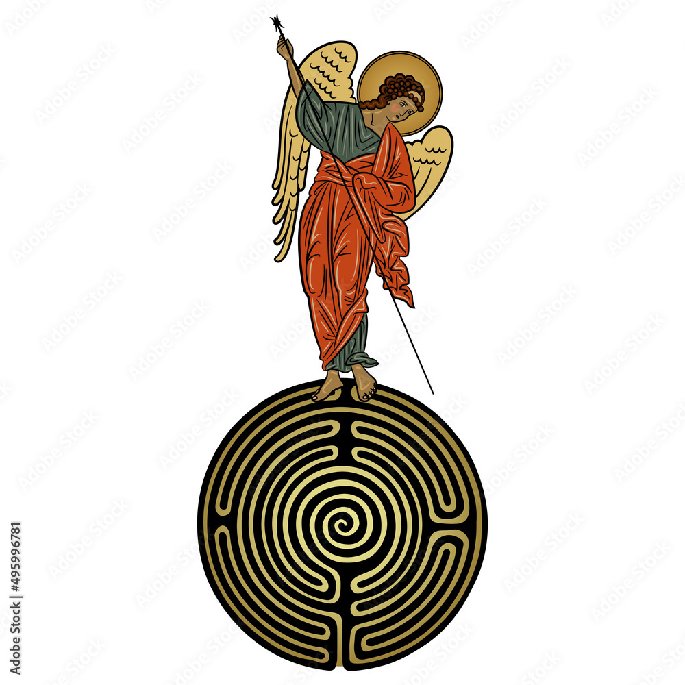 Vintage angel holding spear standing on top of a round spiral maze or ...