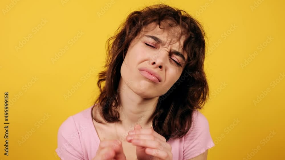 Beautiful woman begs that she does not want to do something. Attractive ...