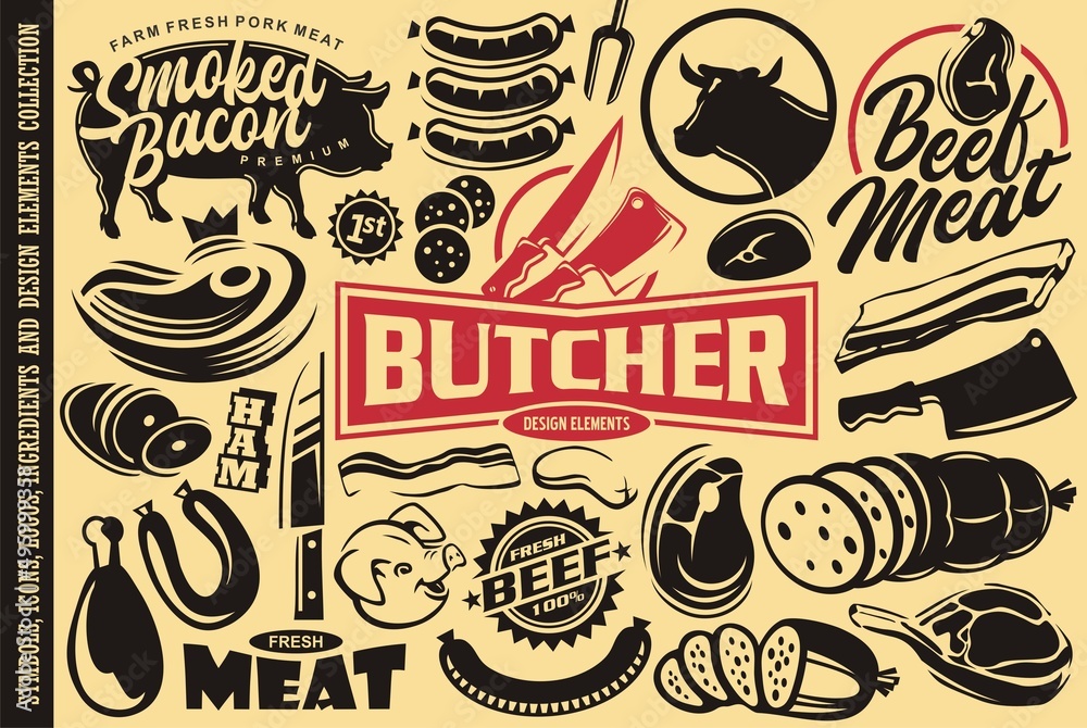 Butchery shop collection of signs, symbols, logos, icons,emblems ...