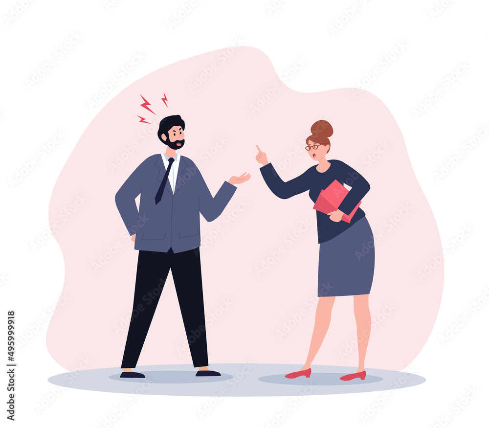 Aggressive people concept. Man and woman arguing, conflict of employees ...