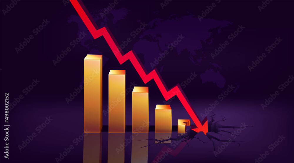 Gold chart with a red arrow pointing into the crack of the world map ...