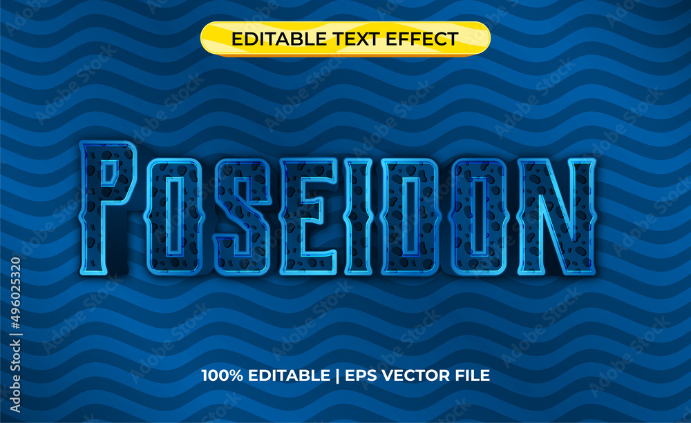 poseidon 3d text effect with blue sea theme. typography template water ...
