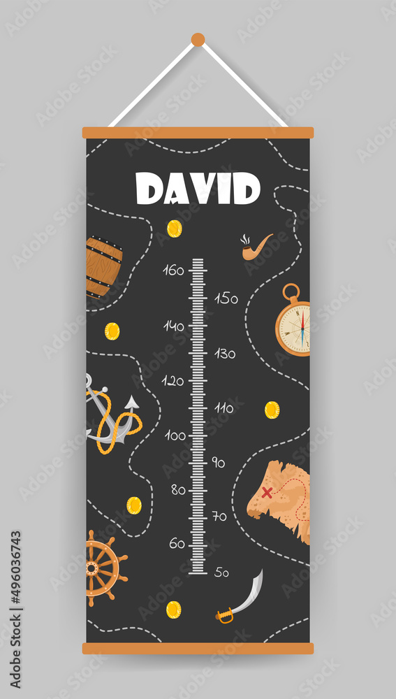 Kids height charts. Meter wall with pirate anchor, map and compass ...