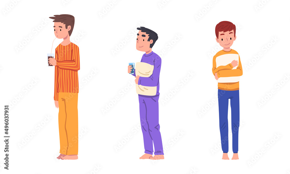 Cute boys in pajamas holding pillows set. Children having slumber party ...