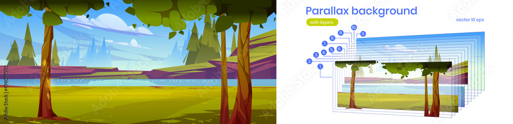 River with rocky shore, trees and coniferous forest on horizon. Vector ...