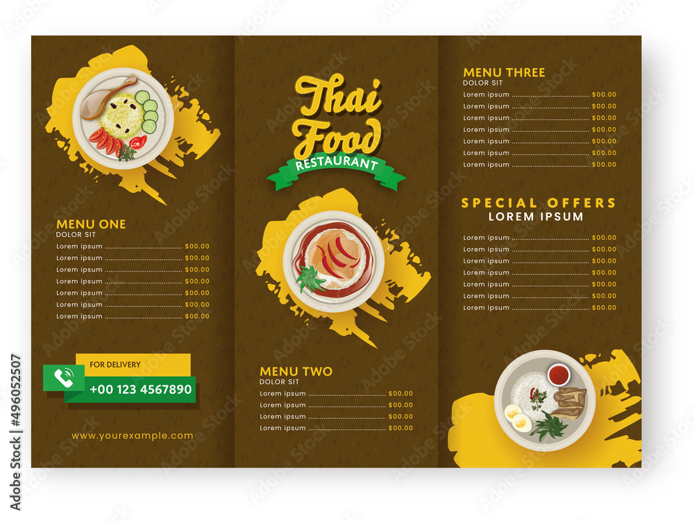 Thai Food Restaurant Menu Card Trifold Brochure With Presented Dishes ...