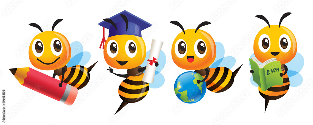 Bee Back to school set. Cartoon cute bee education mascot set. Cartoon ...