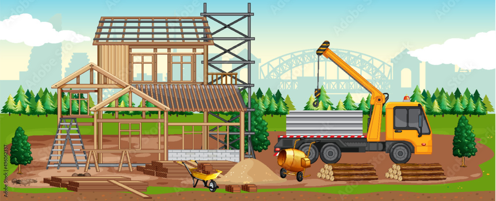 Cartoon scene of building construction site Stock Vector | Adobe Stock