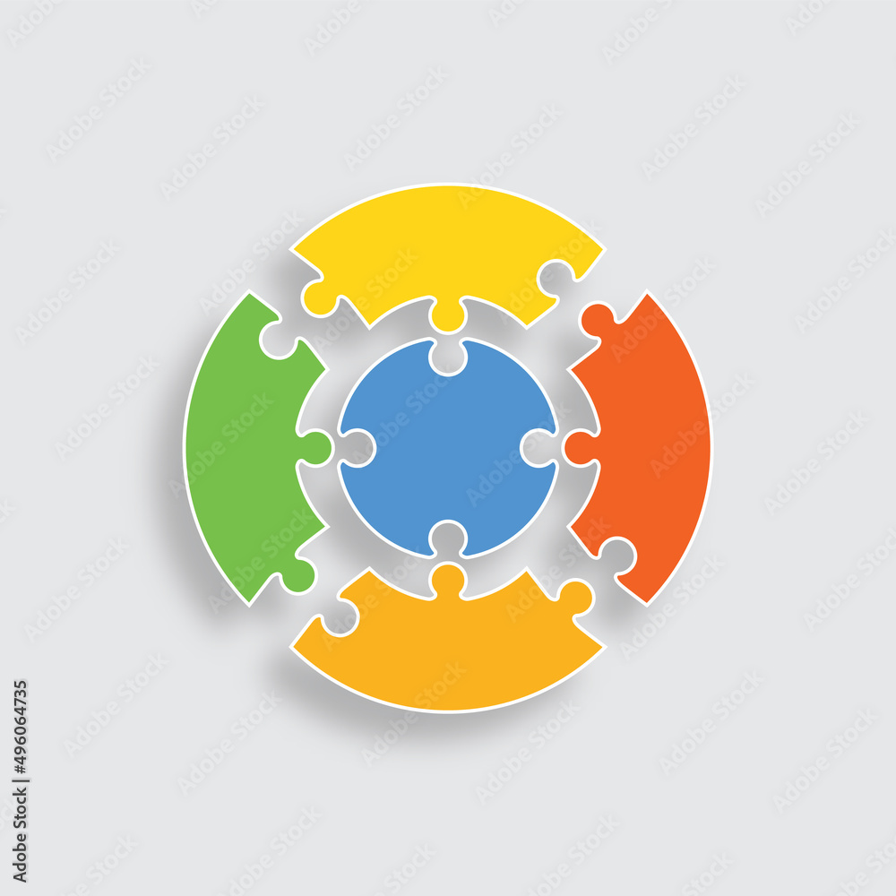 Puzzle pieces. Jigsaw grid with 5 details stylized in circle shape ...