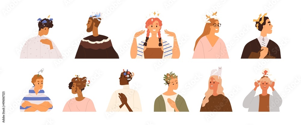 People with different thoughts in brain, head, mindset types set ...