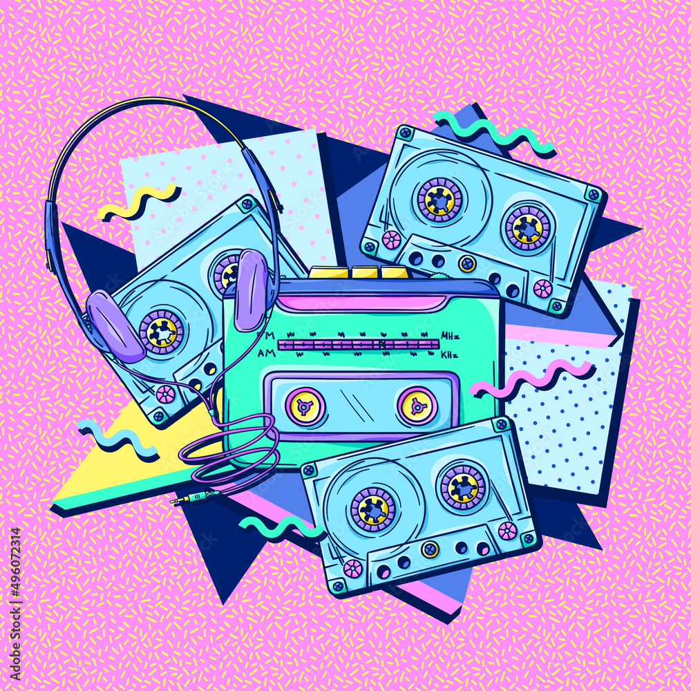 Personal cassette player 90s poster. Retro portable cassette player ...