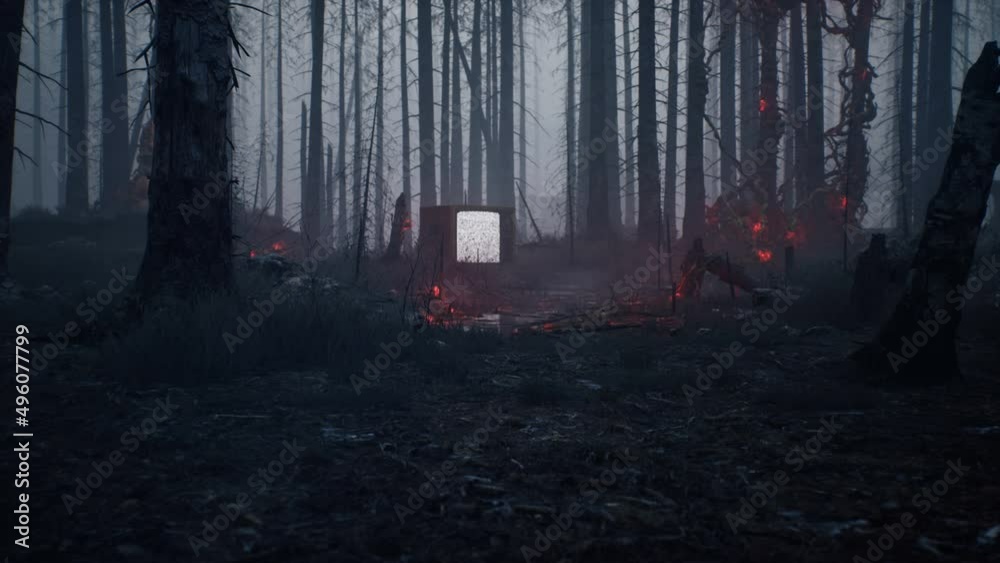 An ancient switched-on television set stands in the middle of a burnt ...