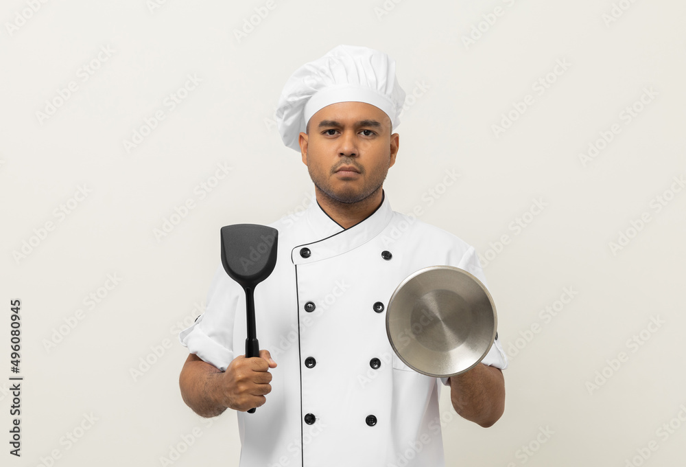 Chef warrior. Young asian man masterchef holding Armed and ready to go ...