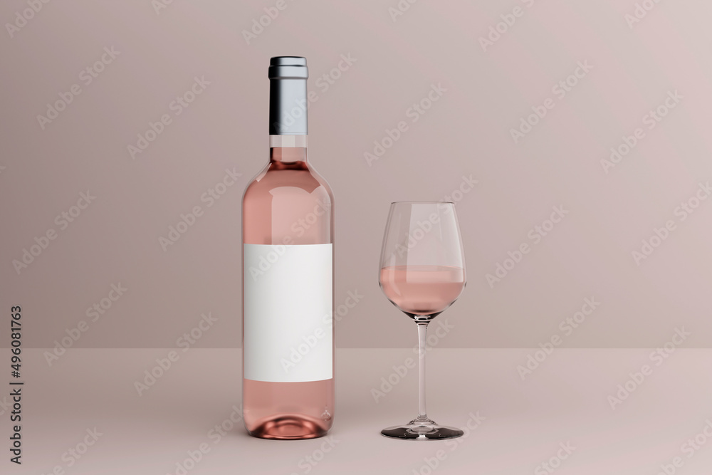 Bottle of rose wine with label and a glass goblet in photo-realistic ...