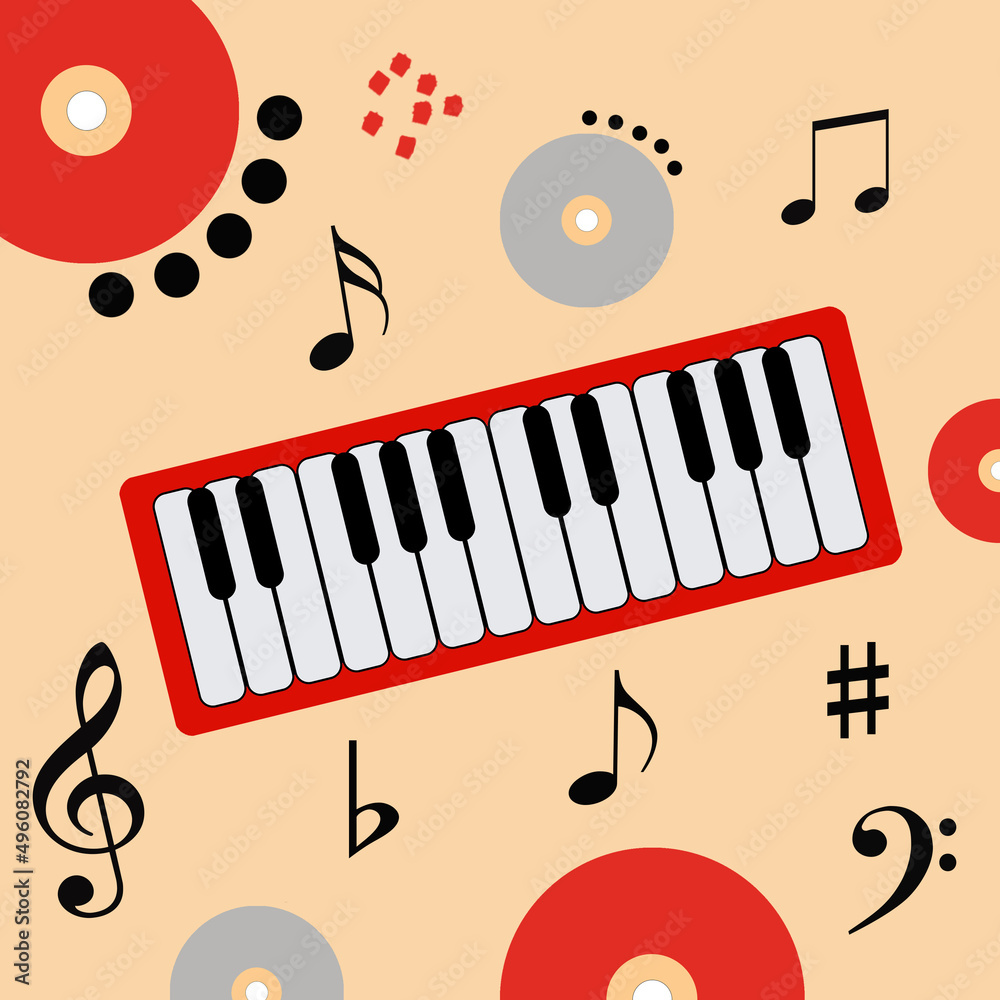Pretty musical illustration with piano, notes, treble clef, music ...