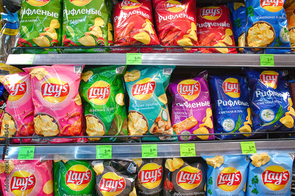 Minsk, Belarus. Mar 2022. Lay`s snacks variety packs on shelf of ...