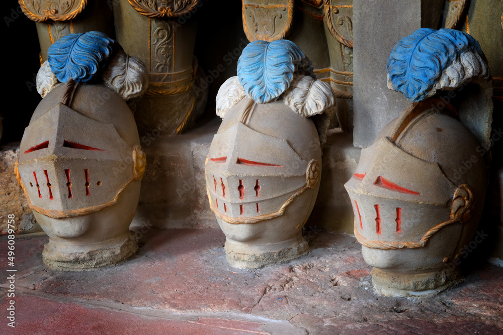 Medieval head protection. Protective helmet with a visor. Medieval ...