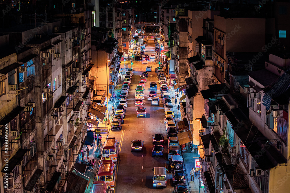 Kowloon City: Night of busy street, many people and cars, downtown of ...