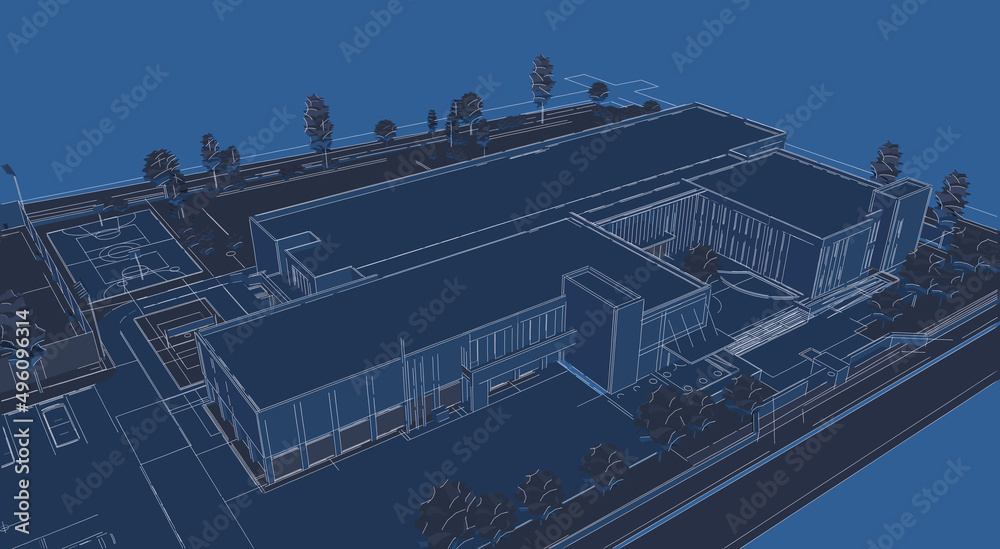 3d illustration of a two floor school building campus. Small building ...