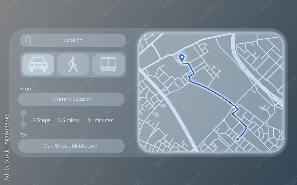 fictitious map app with navigation of a route and map view, technology ...