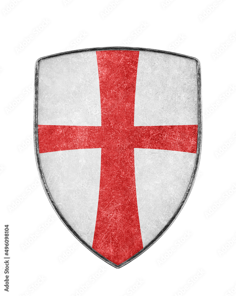 Old metal crusaders shield with red cross isolated on white background ...
