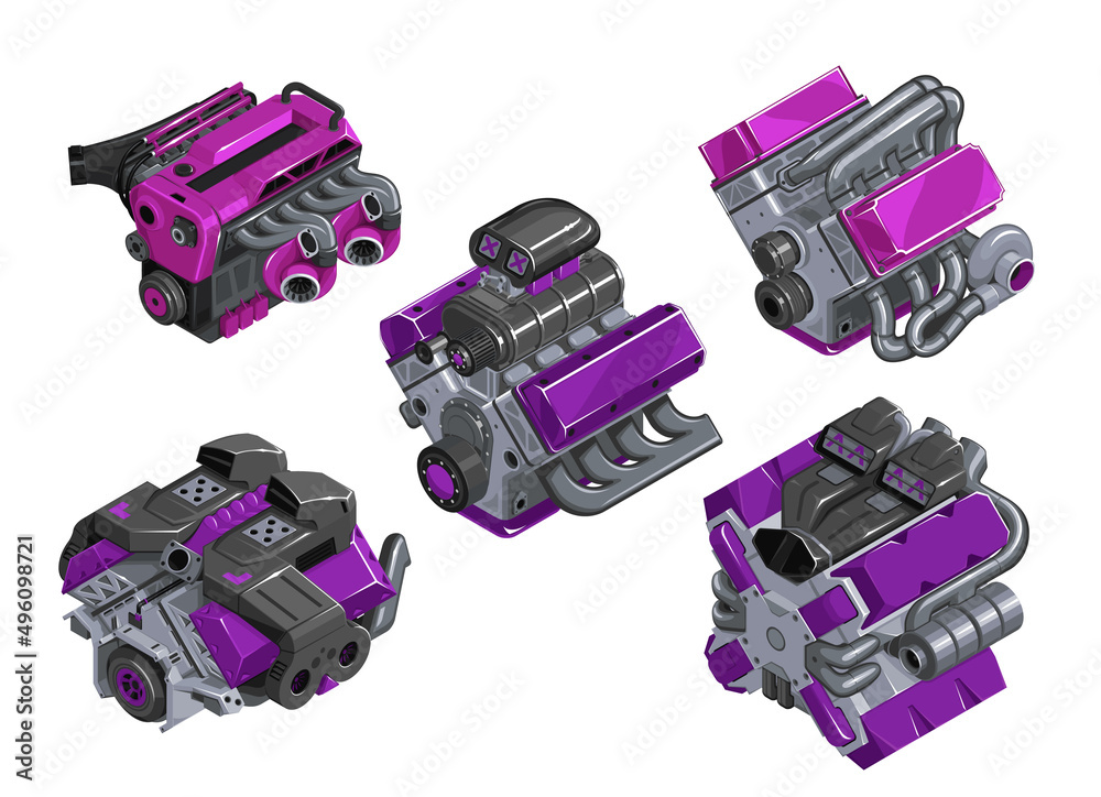 Car engine in isometry. Set of engines of different levels on white ...
