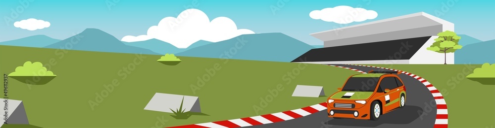 Race car on race track for banner. Background of stadiums. with ...