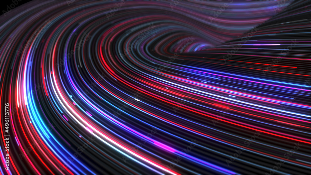 Waves from neon tracks. Glowing neon tracks. Background of bright ...