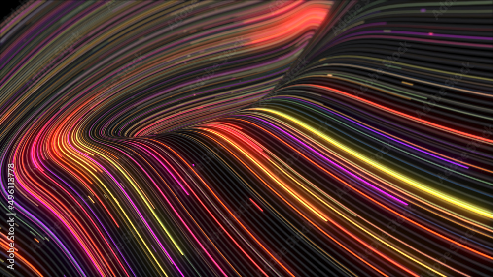Waves from neon tracks. Glowing neon tracks. Background of bright ...