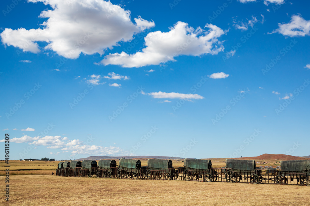 Stockfoto Circle of 64 replica Voortrekker wagons cast in bronze at ...