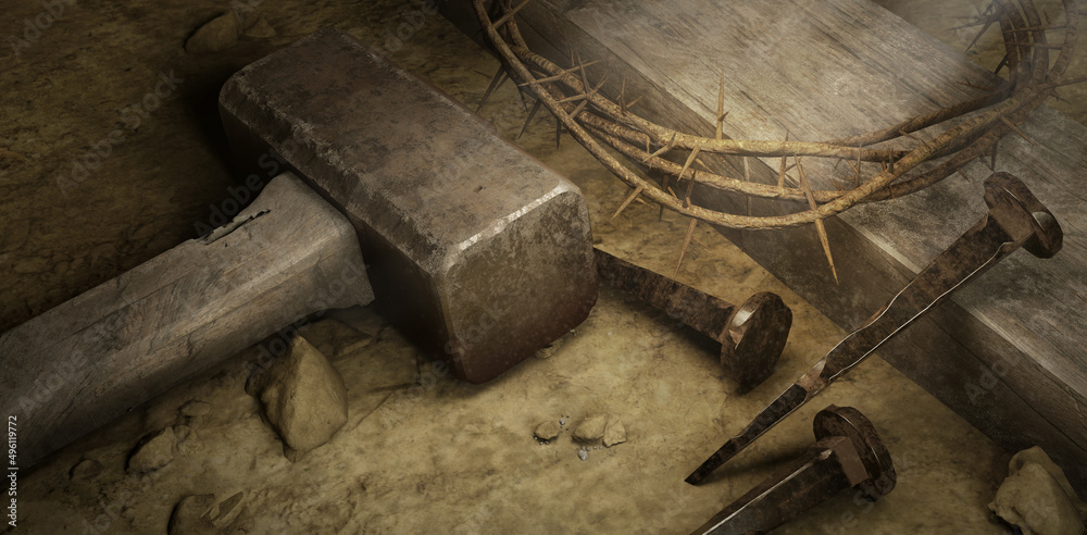 Old wooden cross, hammer,nails and crown of thorns on ground.Good ...