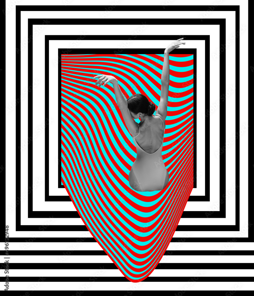 Contemporary art collage. Back view of tender woman in bodysuit posing ...